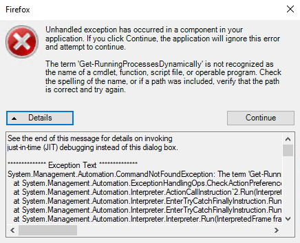 Unhandled exception at end of install (Get-RunningProcessesDynamically ...
