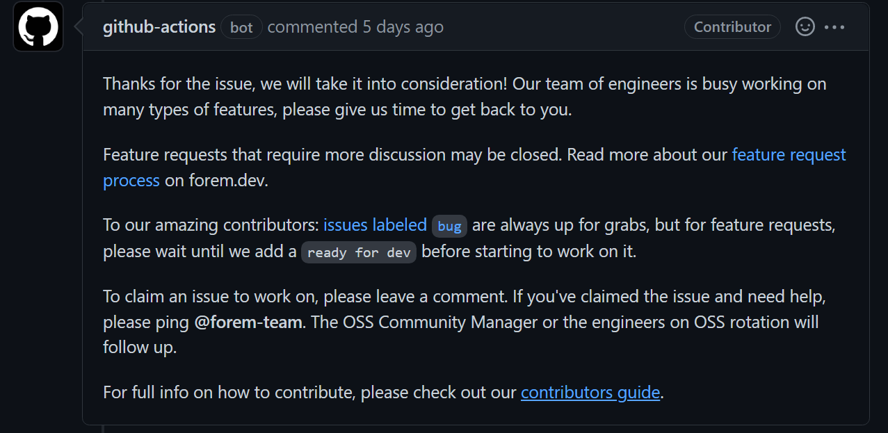 minor bug in github-actions bot message · Issue #17762 · forem/forem · GitHub