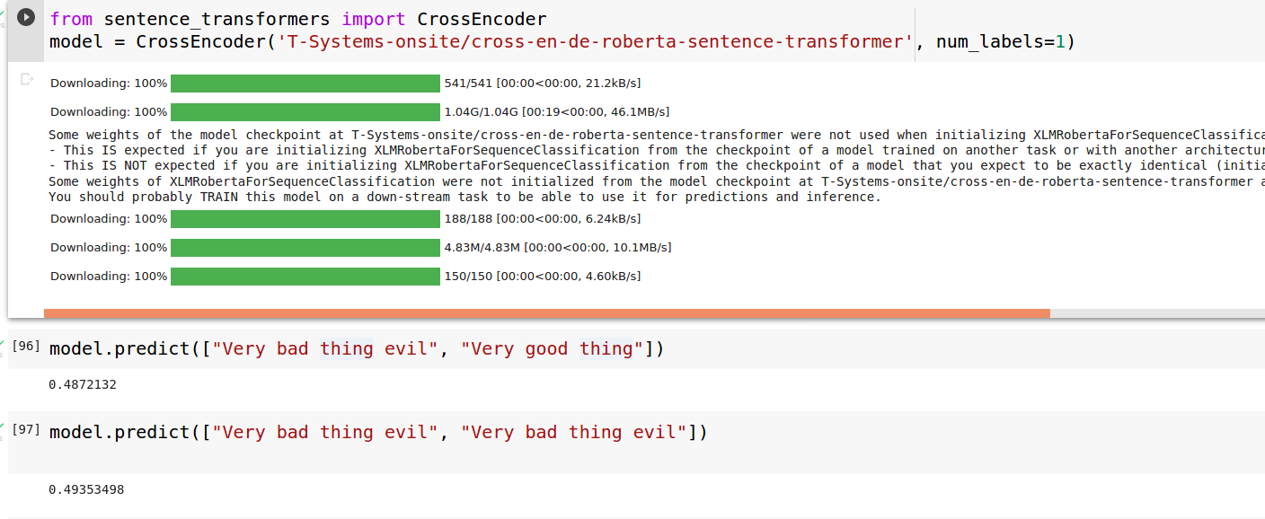 Cross encoders return strange results.. · Issue #1499 · UKPLab/sentence-transformers · GitHub