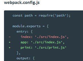 Output management guide not showing proper diff for webpack.config.js ...