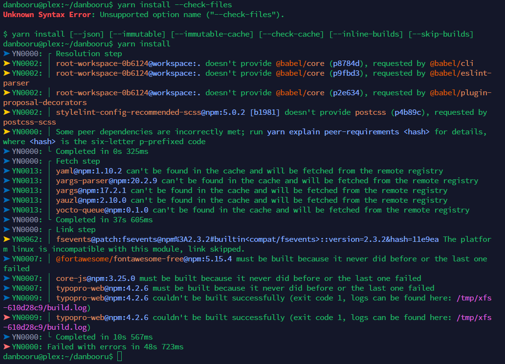 Can't make it work (yarn install errors, no password supplied error, couldn't create danbooru2 ...