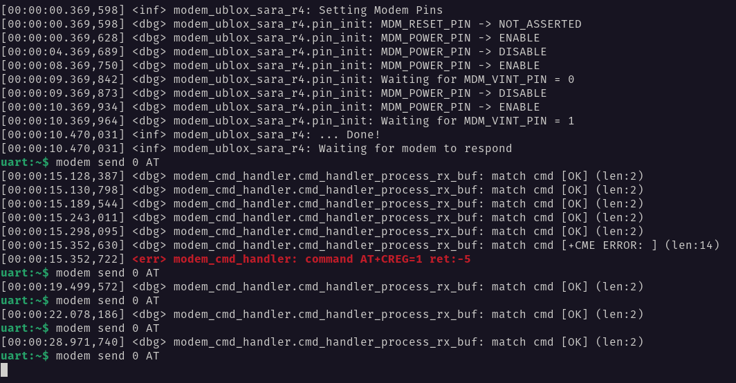 Shell [modem send] command causes shell to hang after about 10 seconds, Sara R4 - Particle Boron ...