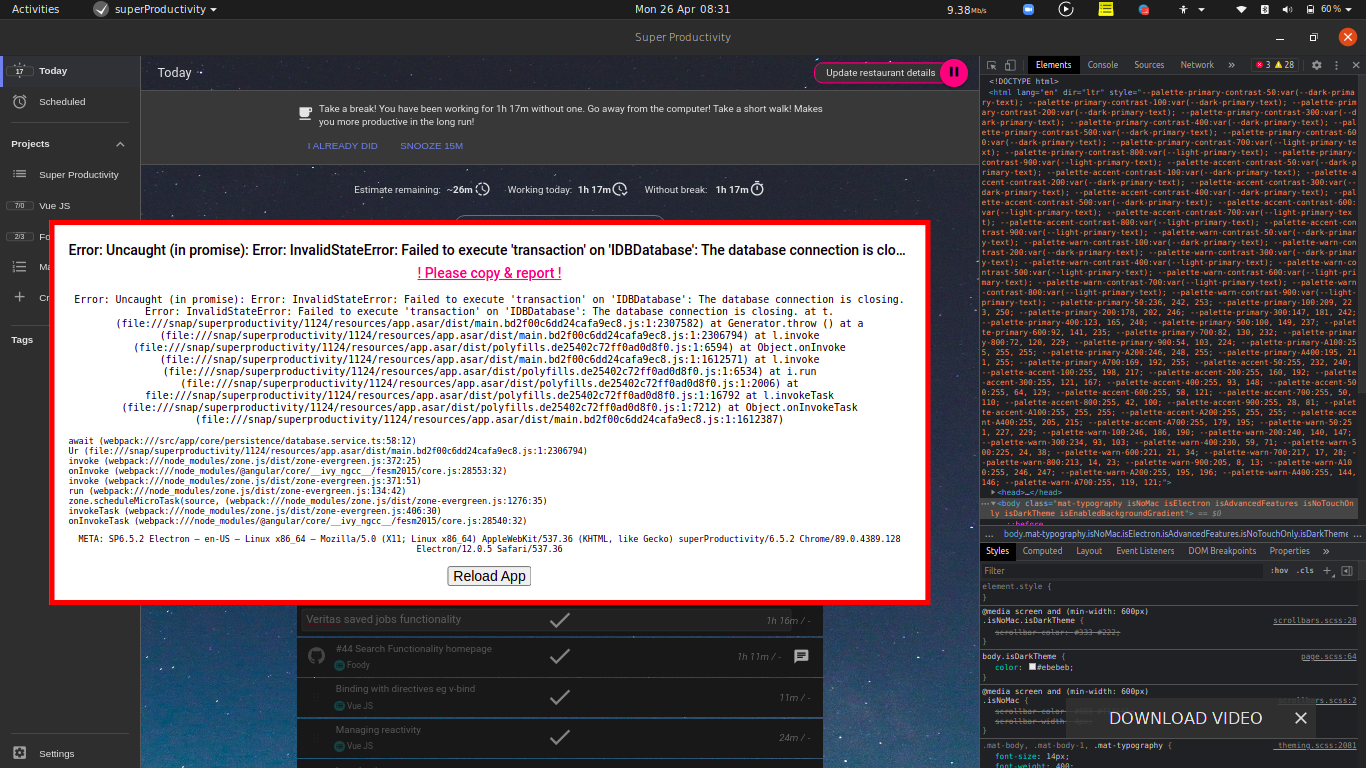 Error keeps popping up idb database connection is closed. and a popup with below error pops ...