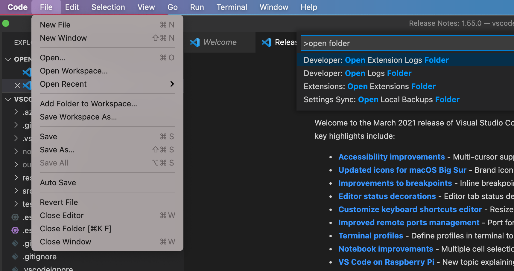 Register `workbench.action.files.openFolder` / `workbench.action.files.openFile` command even on ...