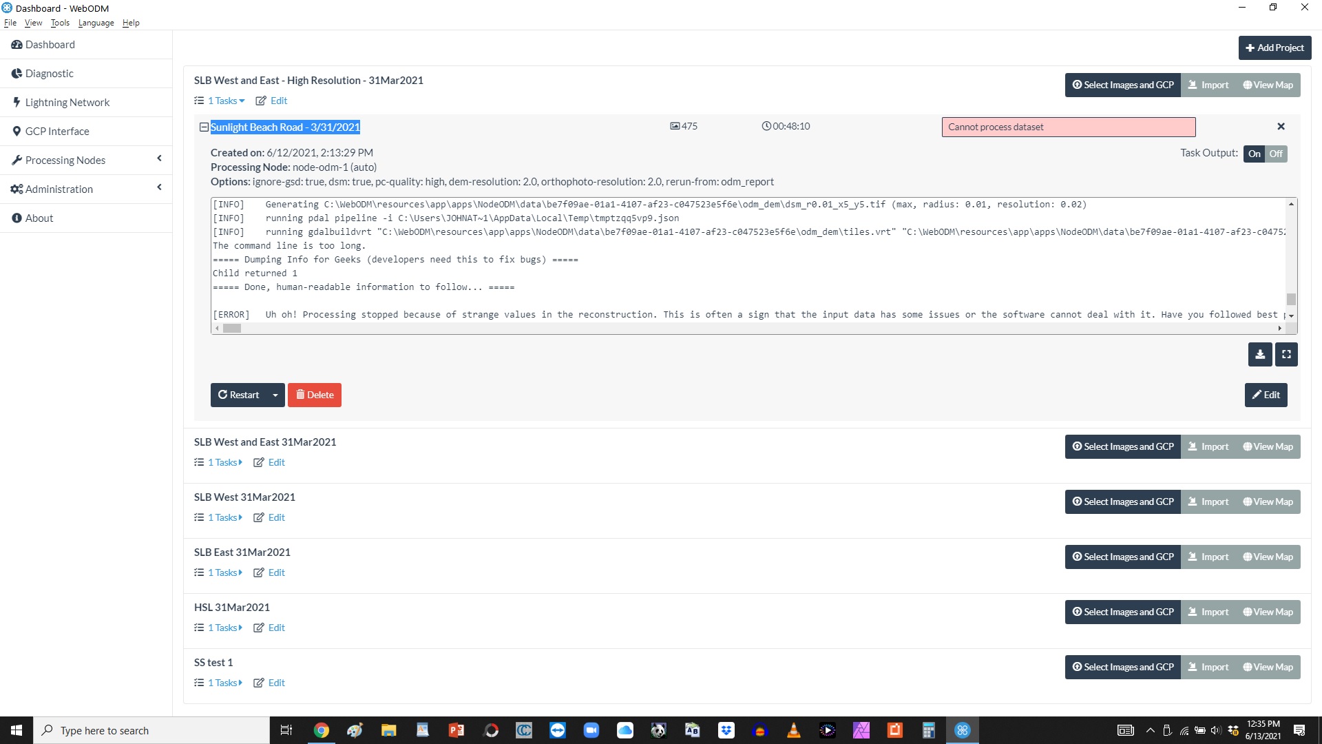 WebODM Message to User: Cannot process dataset · Issue #1000 · OpenDroneMap/WebODM · GitHub