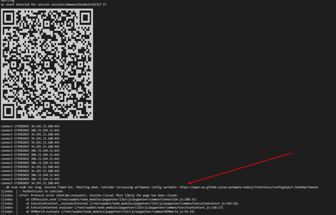 Qrtimeout: Session closed. Most likely the page has been closed · Issue #1944 · open-wa/wa ...