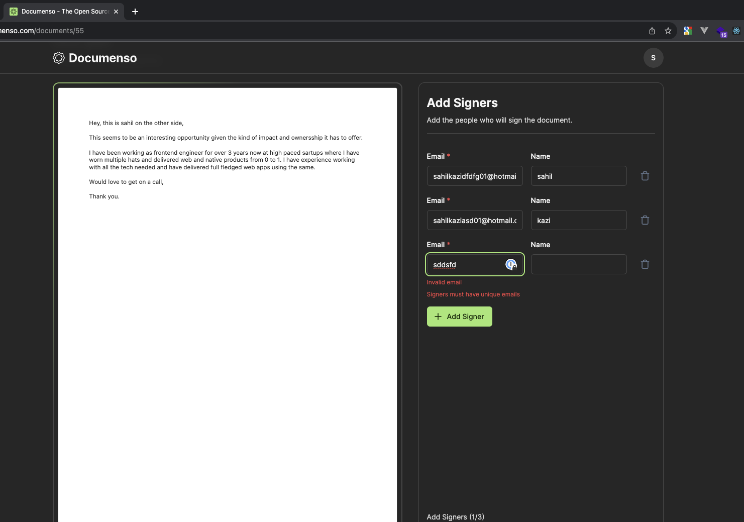 [BUG]: Signers component form validations are messed up when more than 2 signers are added ...