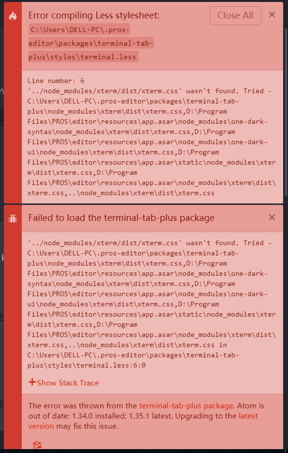 Failed to load the terminal-tab-plus package。。。。。。。another pc · Issue #136 · purduesigbots/pros ...