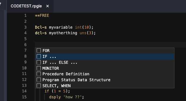 Feature: auto completions / snippets · Issue #105 · codefori/ileditor2-issues · GitHub