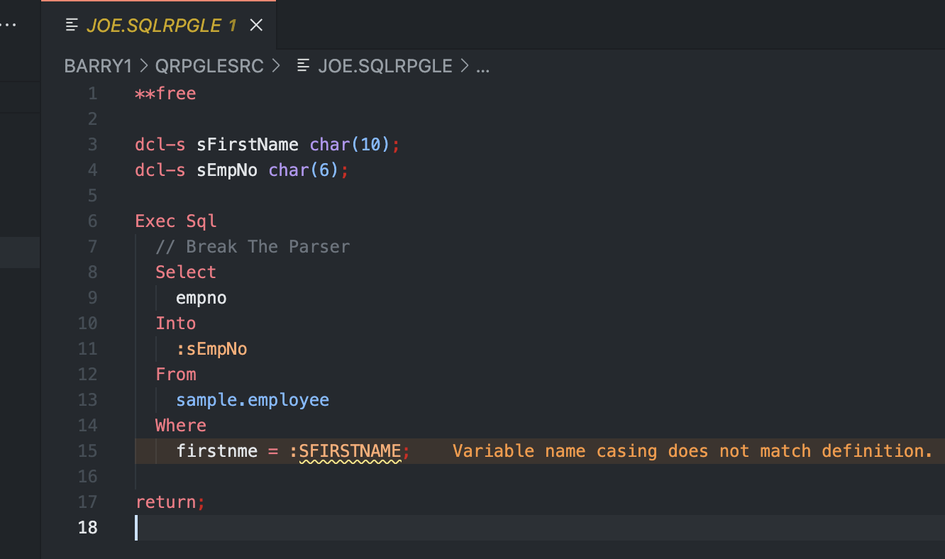 IncorrectVariableCase fails to parse SQL with RPG comments correctly replacing wrong portion of ...