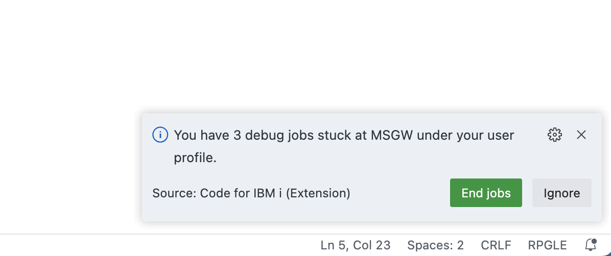 Debug hangs due to debug job going to MSGW · Issue #1059 · codefori/vscode-ibmi · GitHub