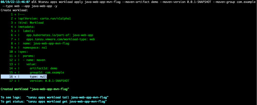 create/update/apply shouldn't include `spec.params.maven.type` unless `--maven-type` flag/value ...