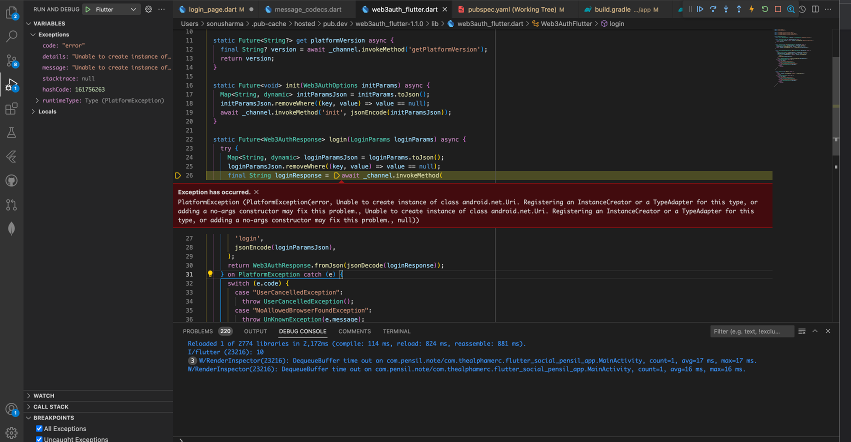Getting unable to create instance of class android.net.Uri on google login issue while login ...