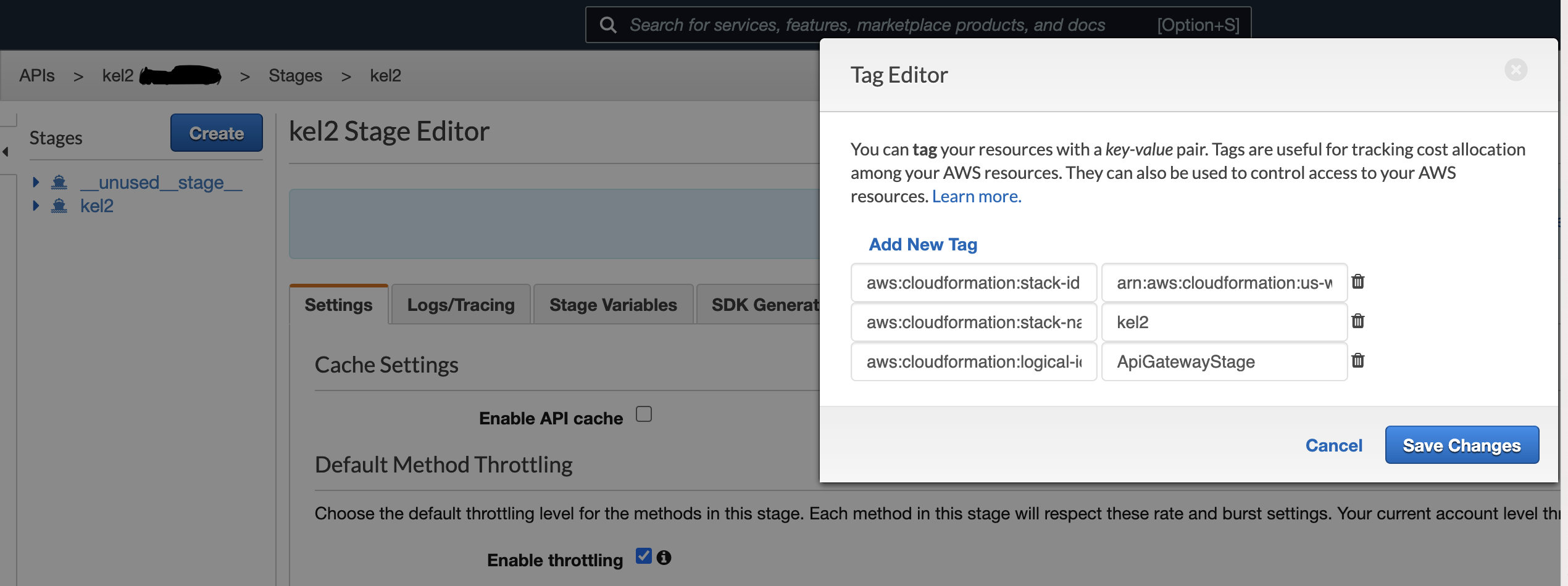First time deploy to aws apigateway errors out with: Invalid tag key. Tag keys cannot start with ...