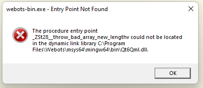 Build R2023a and all Nightly Build 2023: WeBots doesn't start (dll files were not found on ...
