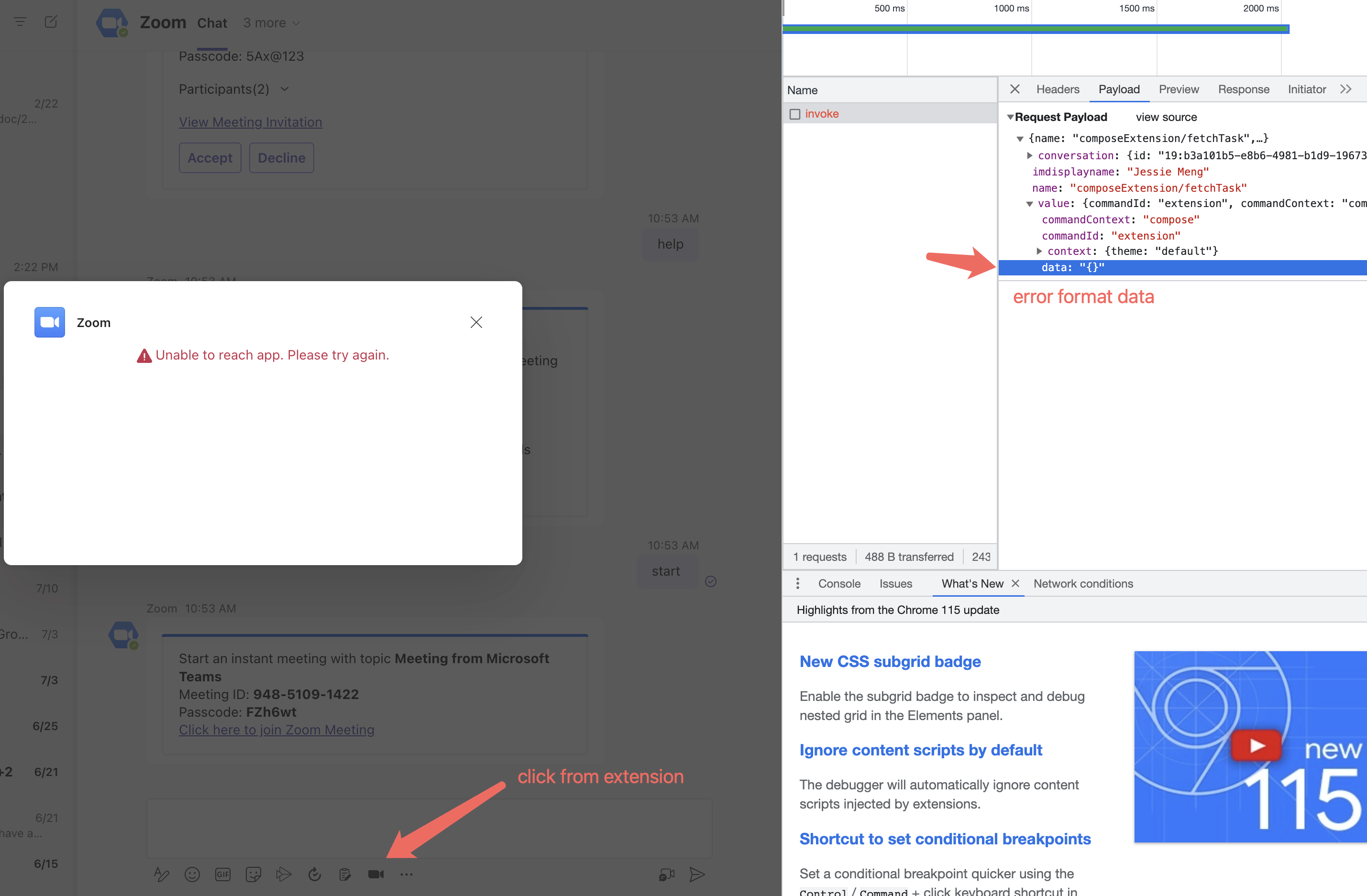 Needs-Triage: MS Teams extension event passed the wrong parameters, resulting in the unavailable ...