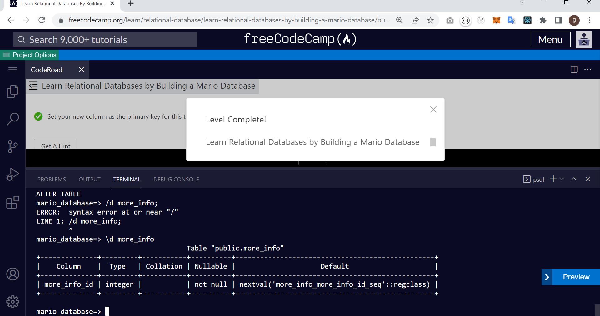 Relational Database: able to pass step 895.1 of Build a Mario Database without setting primary ...