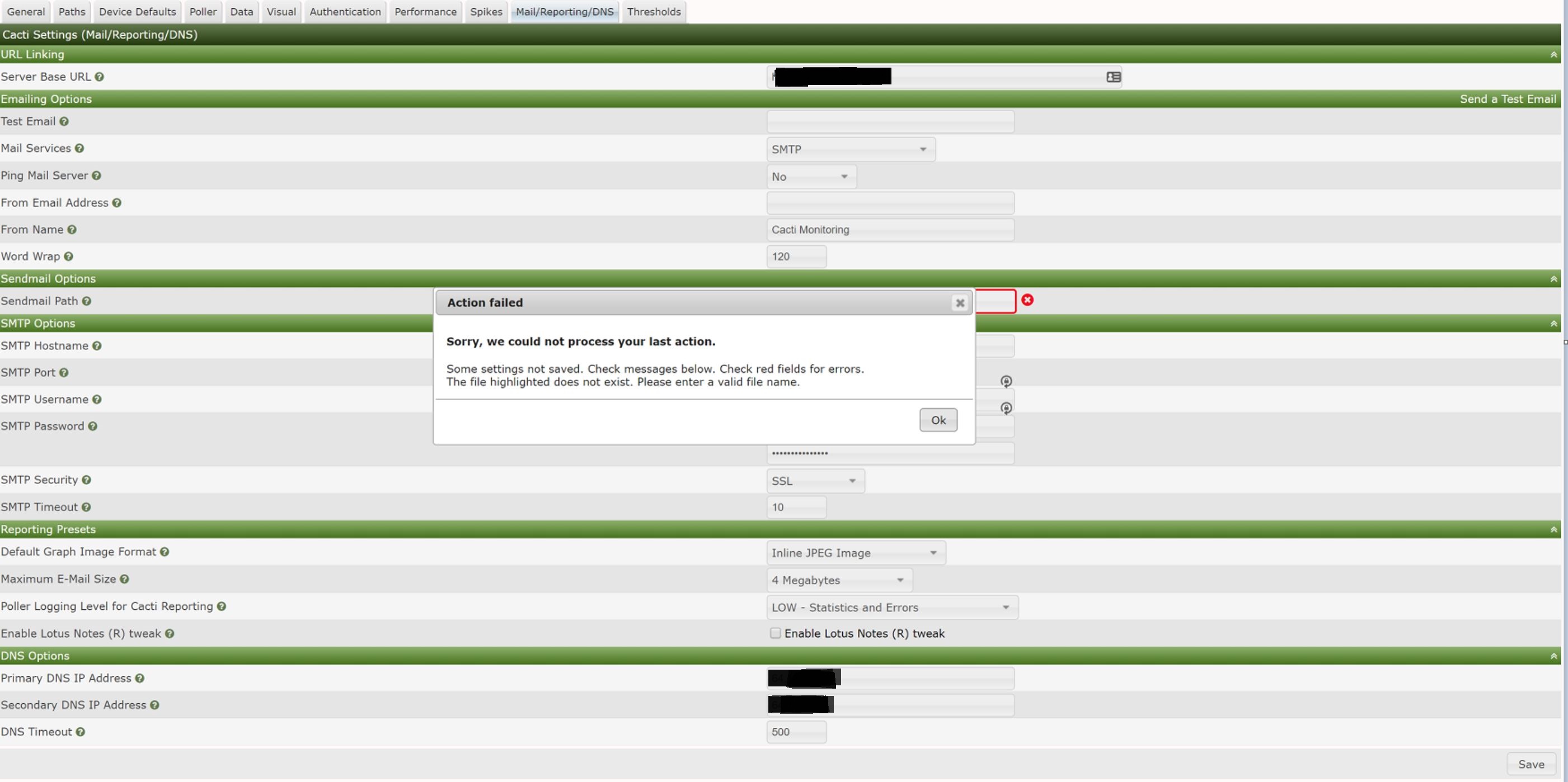 Partial Save warnings under Settings -> Mail/Reporting/DNS · Issue #1443 · Cacti/cacti · GitHub