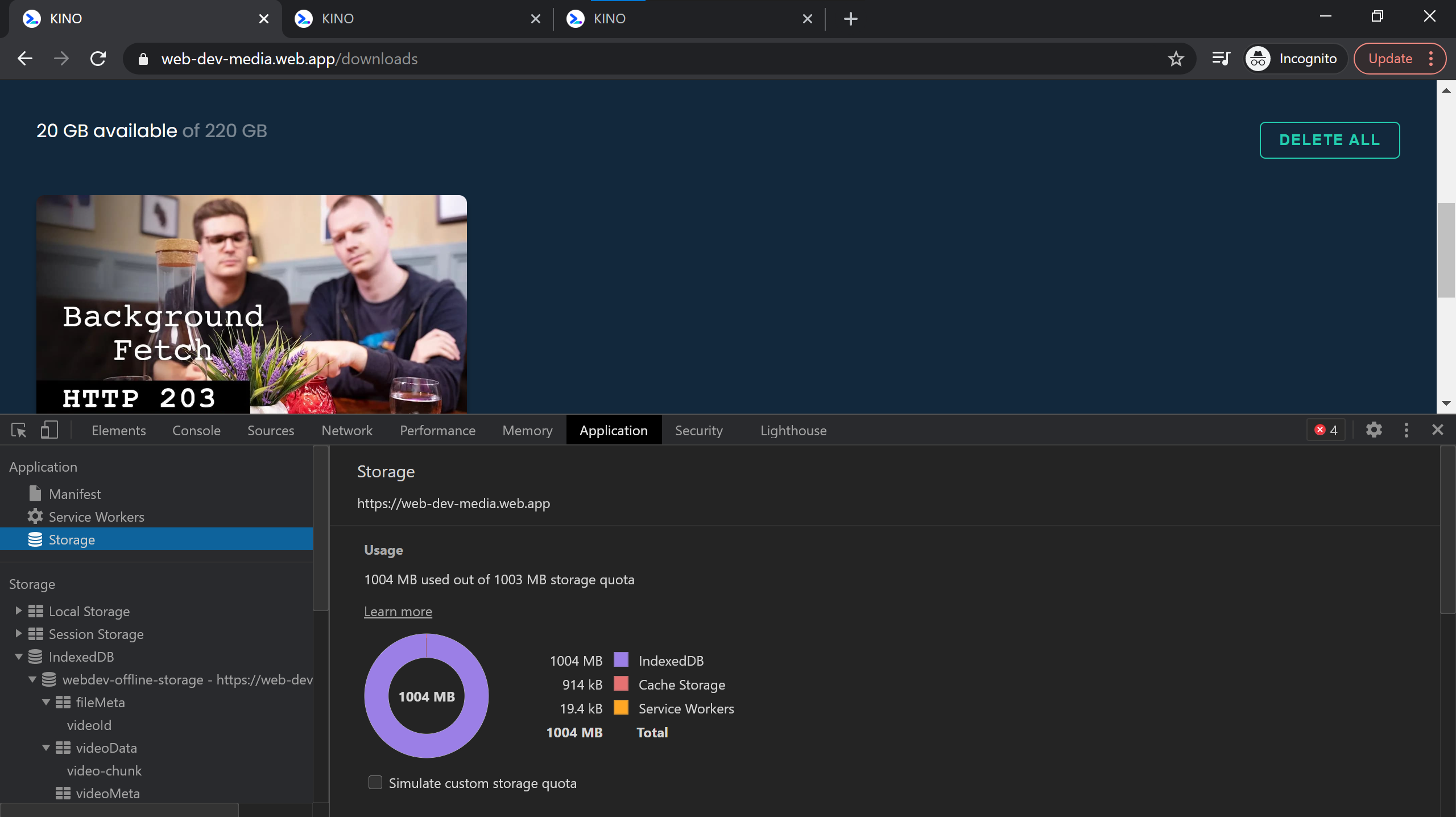 "Uncaught (in promise) DOMException: Quota exceeded" status still allows users to download ...