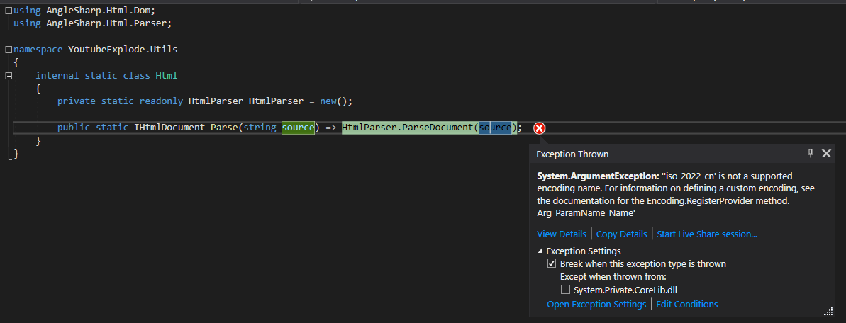 YoutubeExplode.Utils.Html.Parse(..) fails. · Issue #556 · Tyrrrz/YoutubeExplode · GitHub
