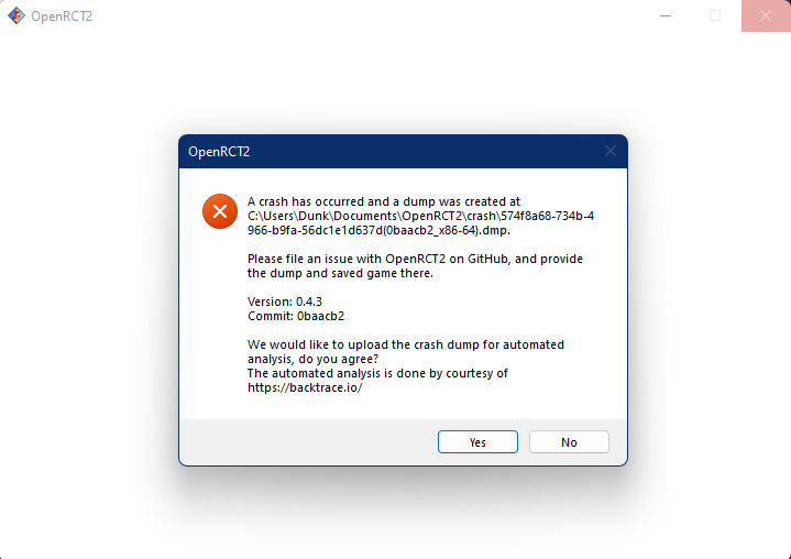 [0baacb2] Crash on startup · Issue #19038 · OpenRCT2/OpenRCT2 · GitHub