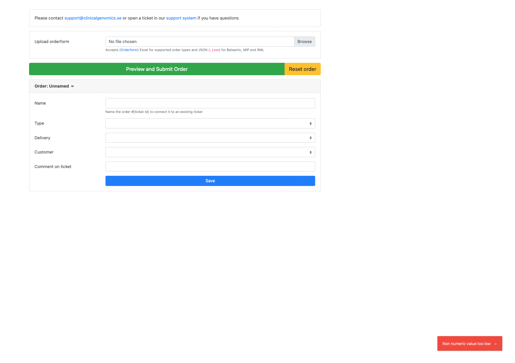 Customer Cannot Upload Orderform Due To Non Numeric Value Too Low · Issue 1427 · Clinical