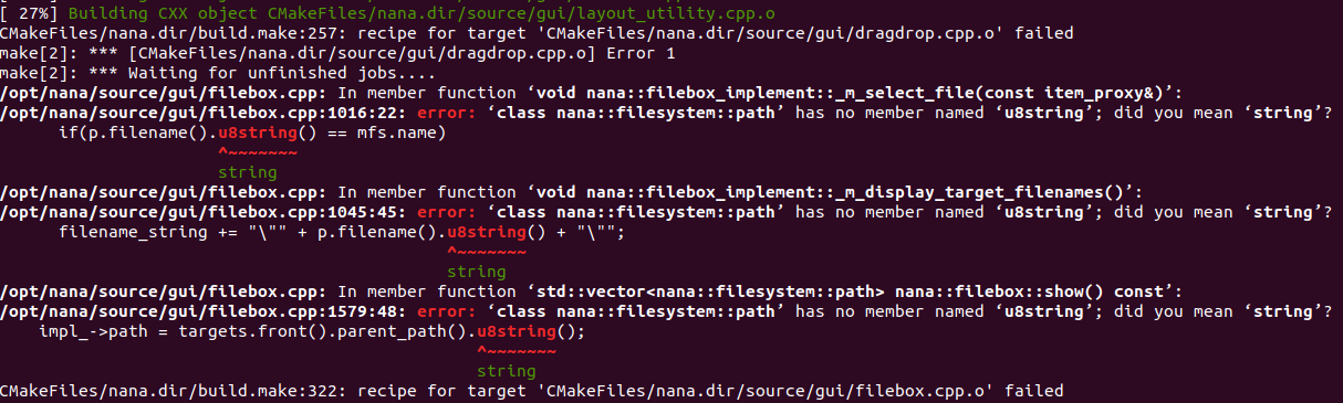 build error: filebox.cpp:1016, etc. using deleted nanas path.u8string ...