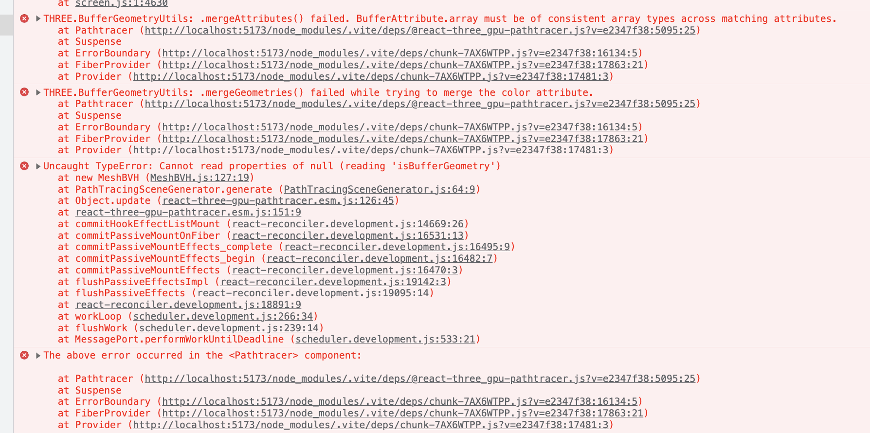 THREE.BufferGeometryUtils: .mergeGeometries() failed while trying to ... THREE.BufferGeometryUtils: .mergeGeometries() failed while trying to ...