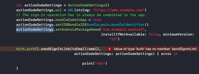 Auth.auth().sendSignInLink (xcode compilation error - method not available) · Issue #1034 ...