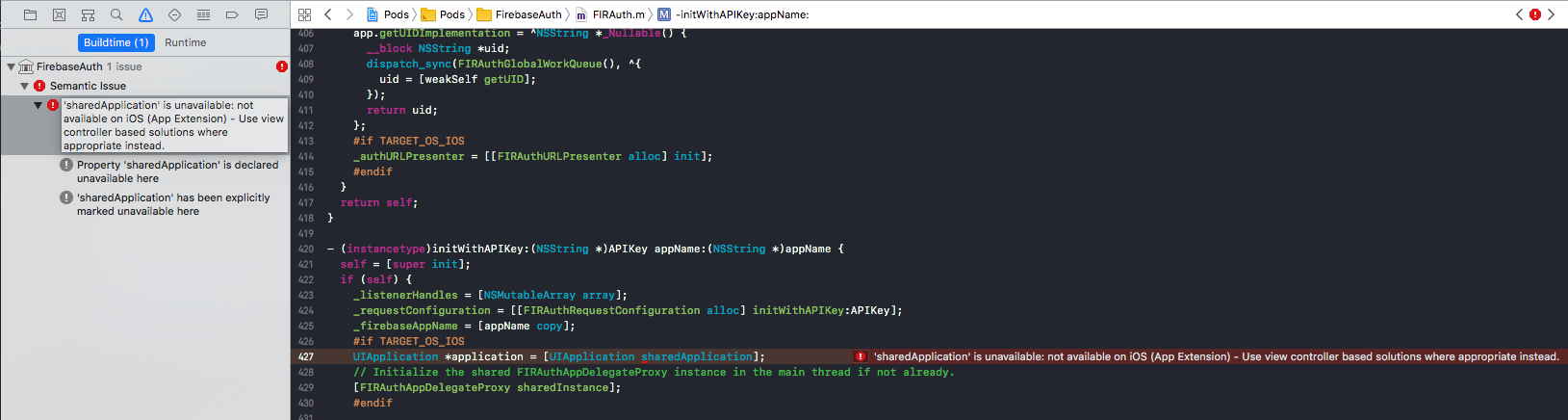 Sharedapplication Is Unavailable Xcode Compilation Error With Firebase 4110 And Firebaseauth