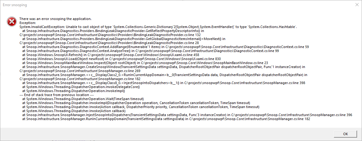 Unhandled InvalidCastException when running on .NET 7 · Issue #374 · snoopwpf/snoopwpf · GitHub