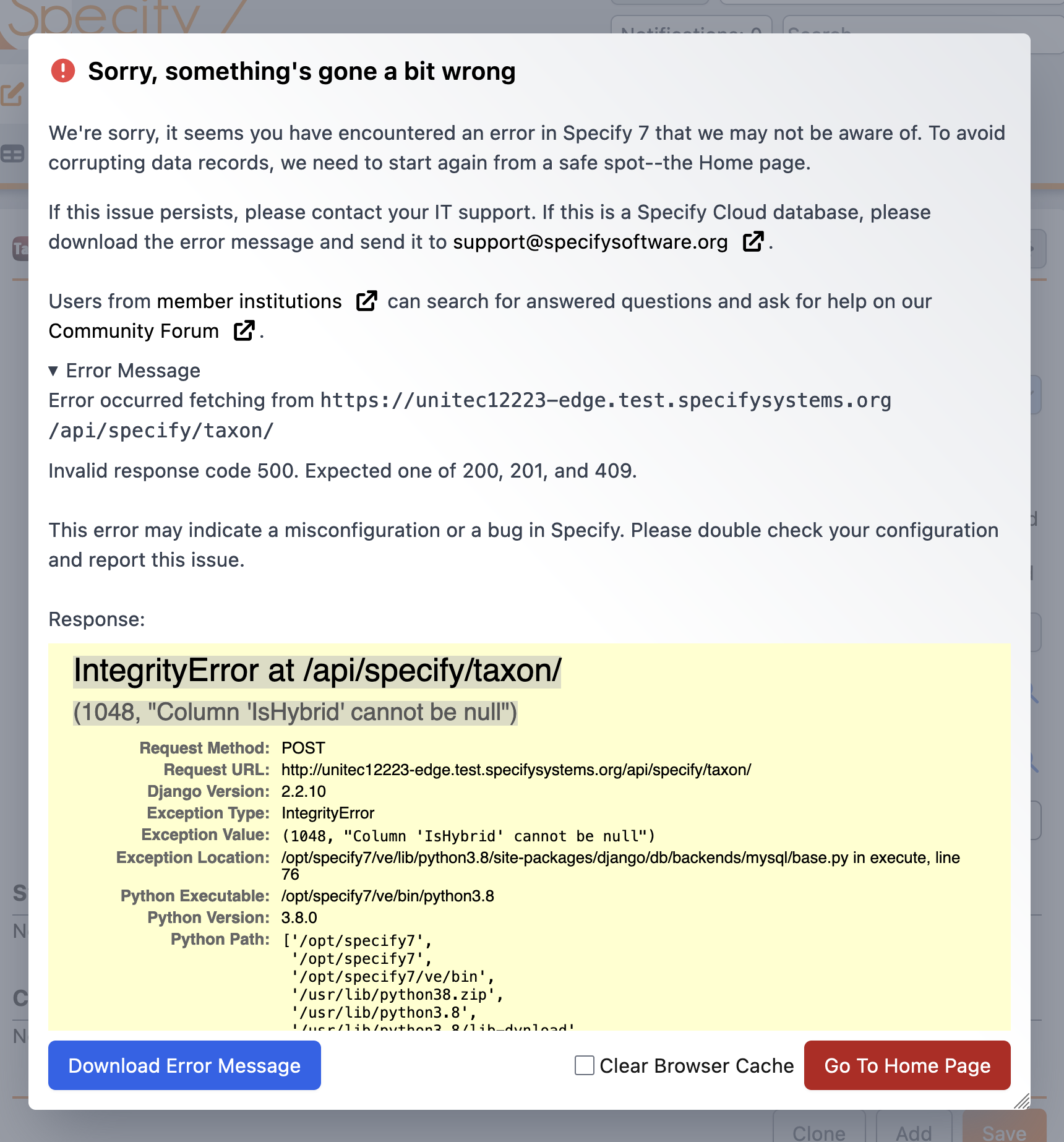 IntegrityError when creating a new taxon record · Issue #2868 · specify/specify7 · GitHub