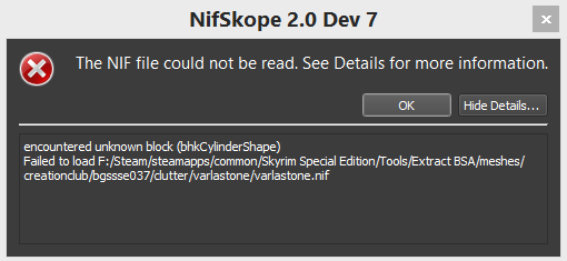 NifSkope 2.0 Dev 7 - Cannot Open NIF File - encountered unknown block (bhkCylinderShape) · Issue ...