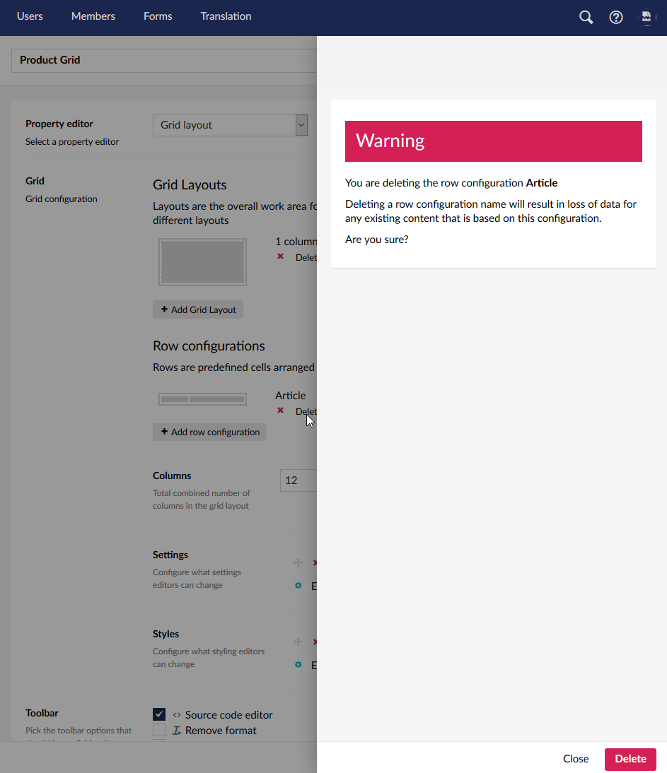 Annoying overlay position when deleting grid row configurations · Issue #7990 · umbraco/Umbraco ...