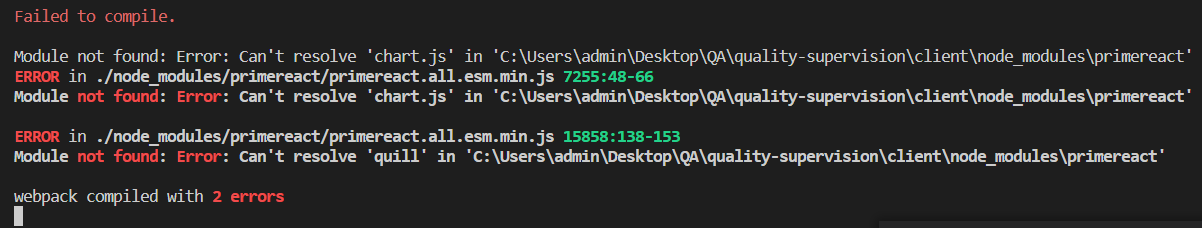 Error: Can't resolve 'chart.js/auto' and 'quill' in '...\node_modules\primereact.all.esm.min.js ...