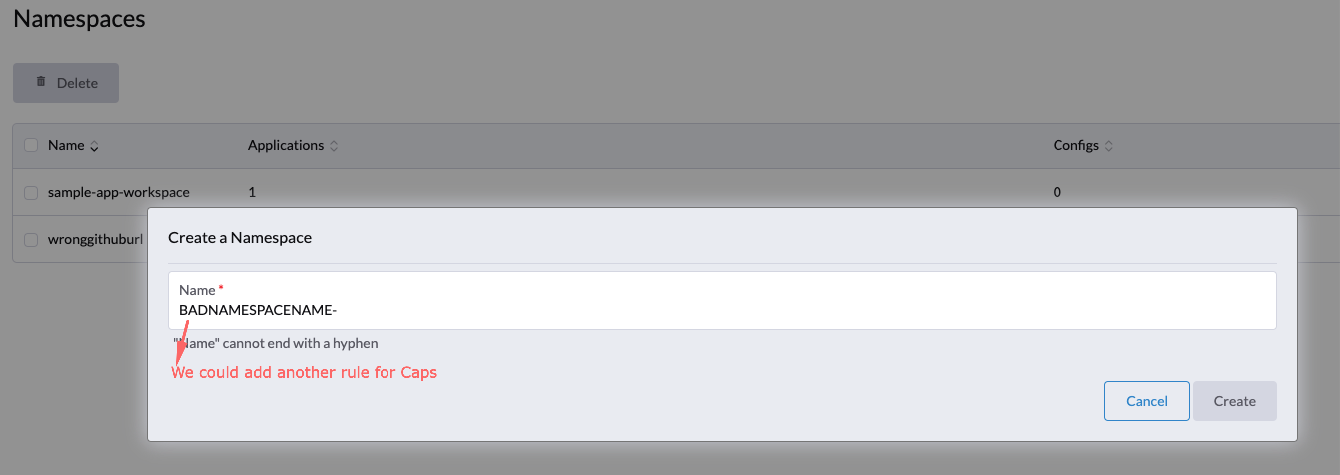 [UI] Add smallcaps validation for Namespaces prior creating them from Namespaces list · Issue ...