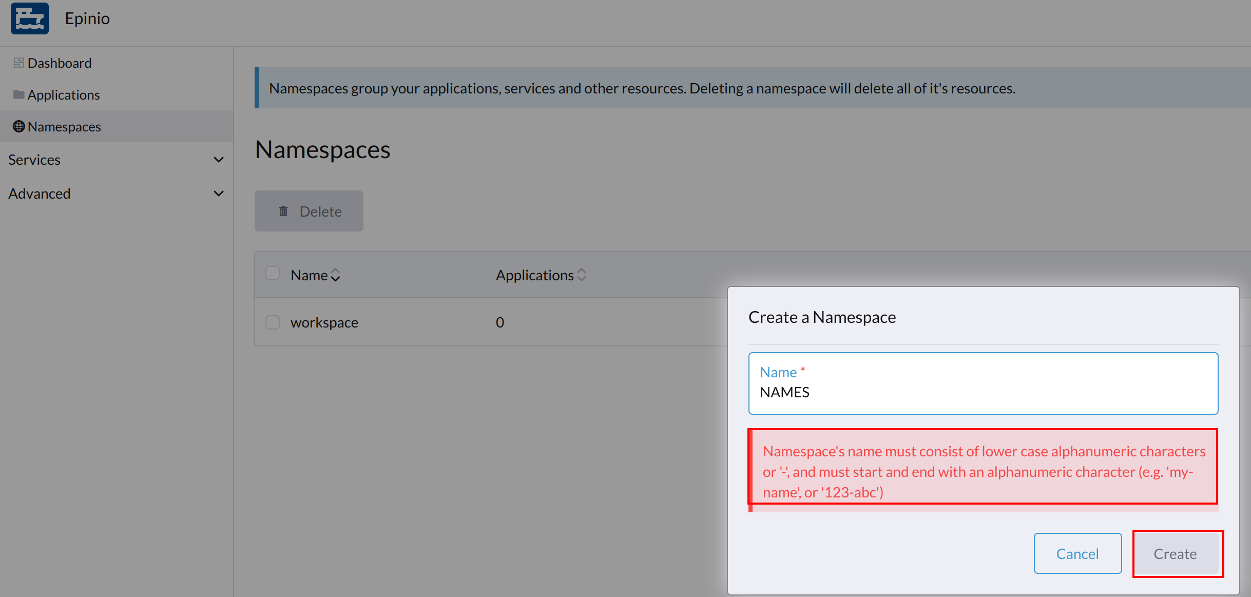 [UI] Add smallcaps validation for Namespaces prior creating them from Namespaces list · Issue ...