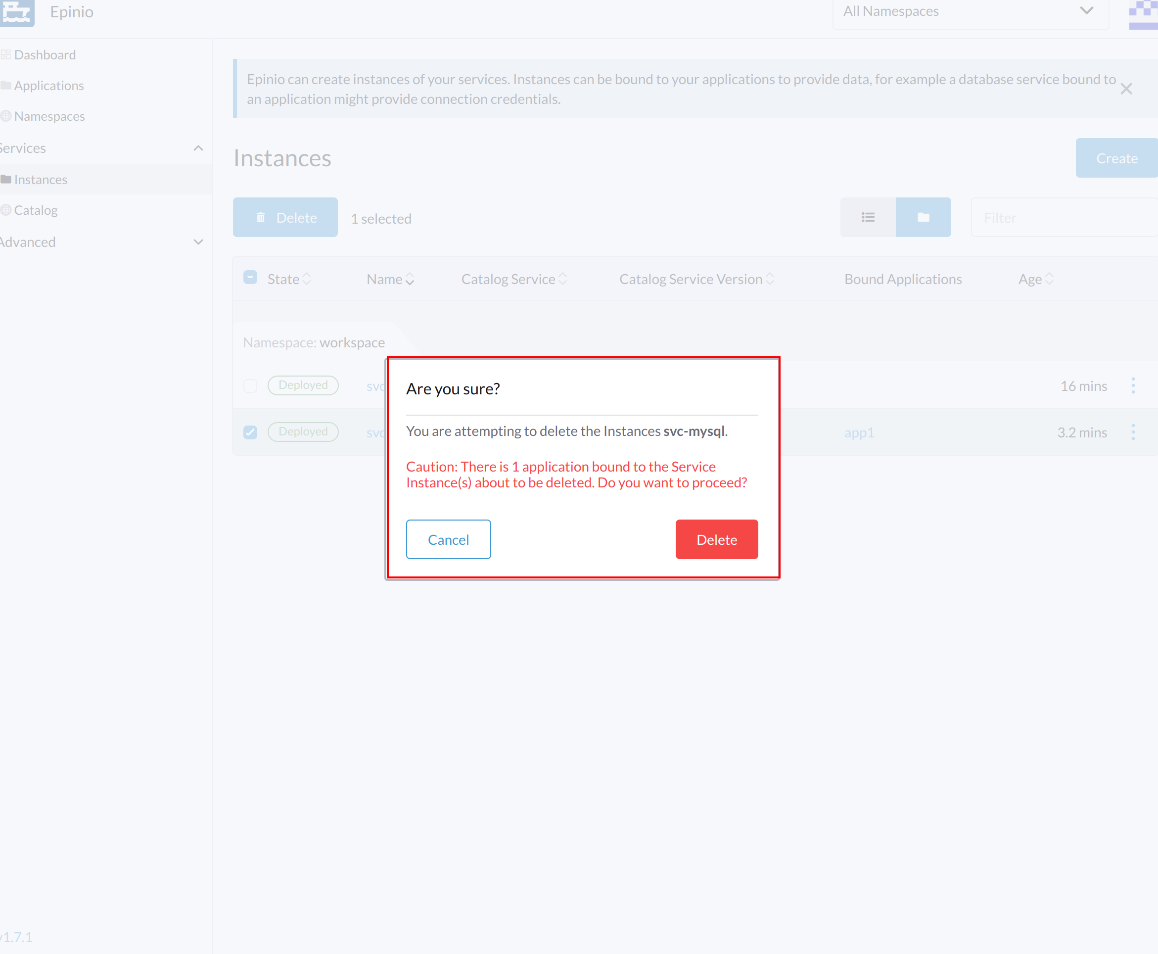[UI] Services bound to apps should not be allowed to be deleted until they are unbound. · Issue ...