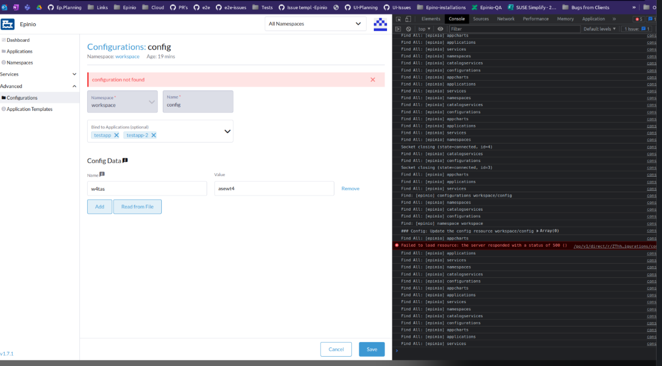[UI] Get a 500 error in creating new Configuration · Issue #206 · epinio/ui · GitHub