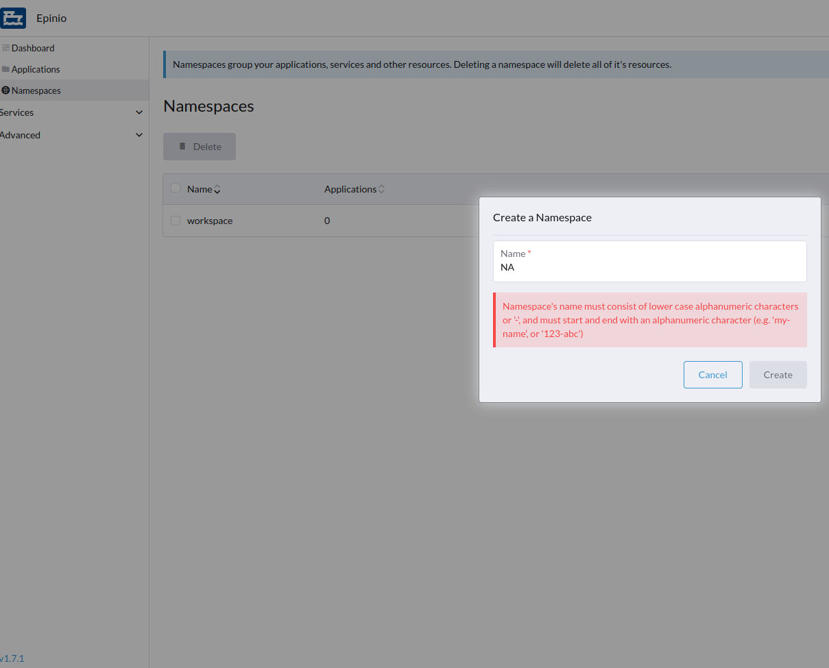 [UI] Add smallcaps validation for Namespaces prior creating them from Namespaces list · Issue ...