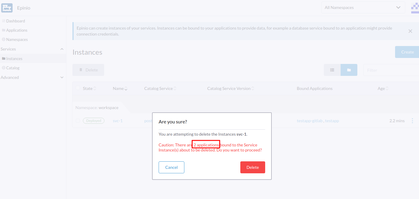 [ui] Delete Services Applications Count Is Wrong · Issue 208 · Epinio Ui · Github