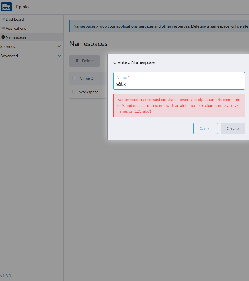 [UI] Add smallcaps validation for Namespaces prior creating them from Namespaces list · Issue ...