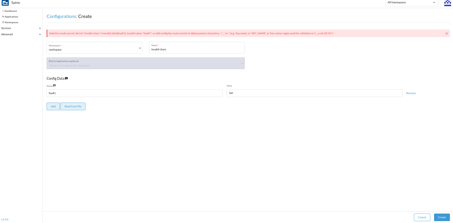 [UI] Display UI warning when config data names contains invalid characters · Issue #262 · epinio ...