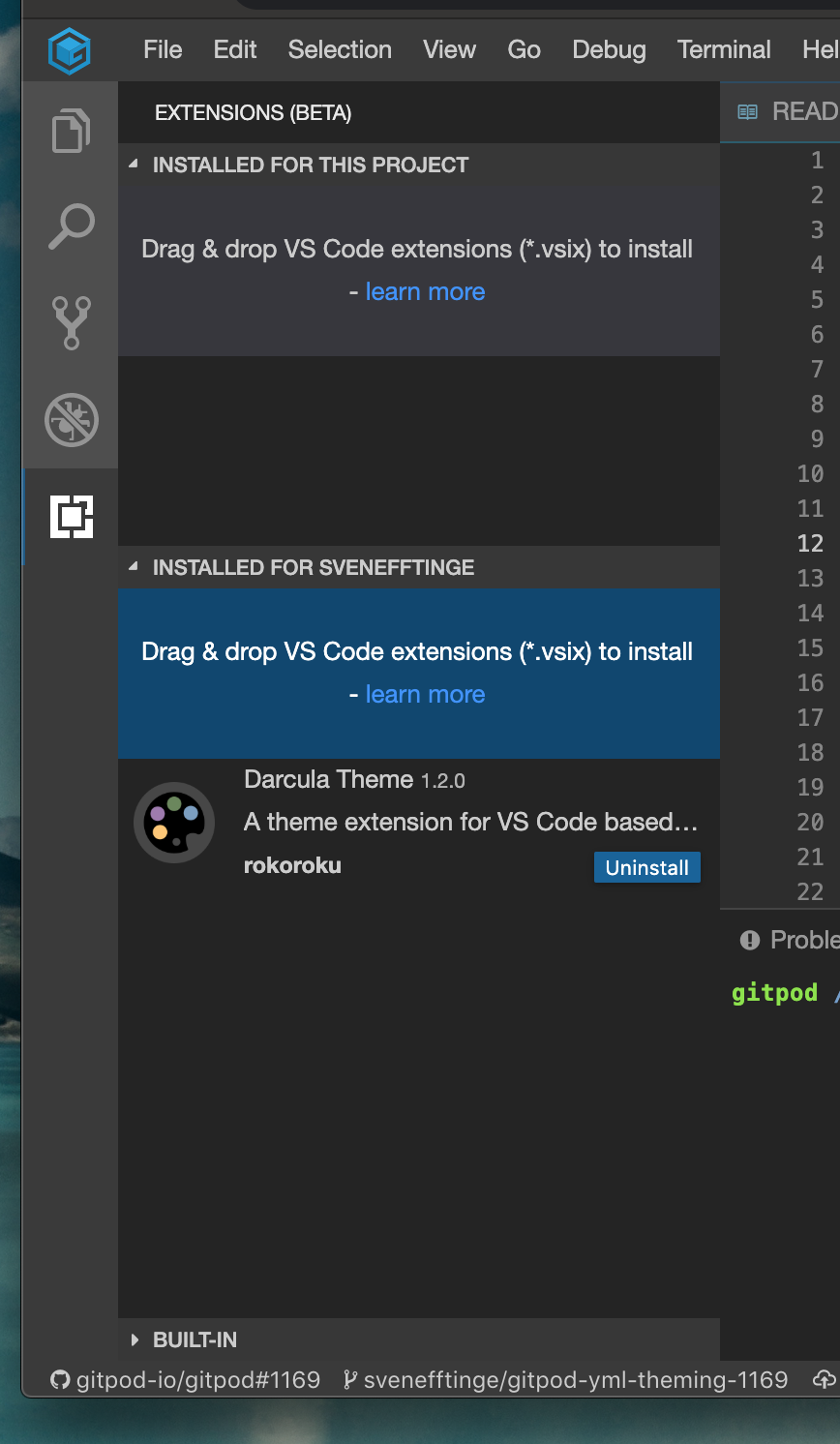 Gitpodyml Theming Section Does Not Support The Themes From The Extensions And It Breaks Them