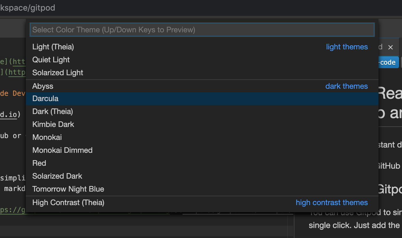 Gitpod.yml theming section does not support the themes from the extensions and it breaks them ...