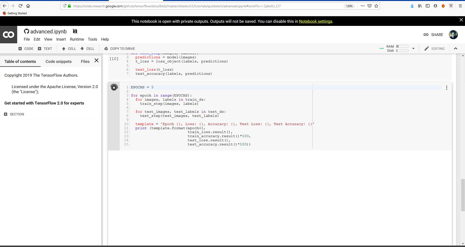 Non-executing cell in TF2.0 quickstart notebook · Issue #637 · googlecolab/colabtools · GitHub