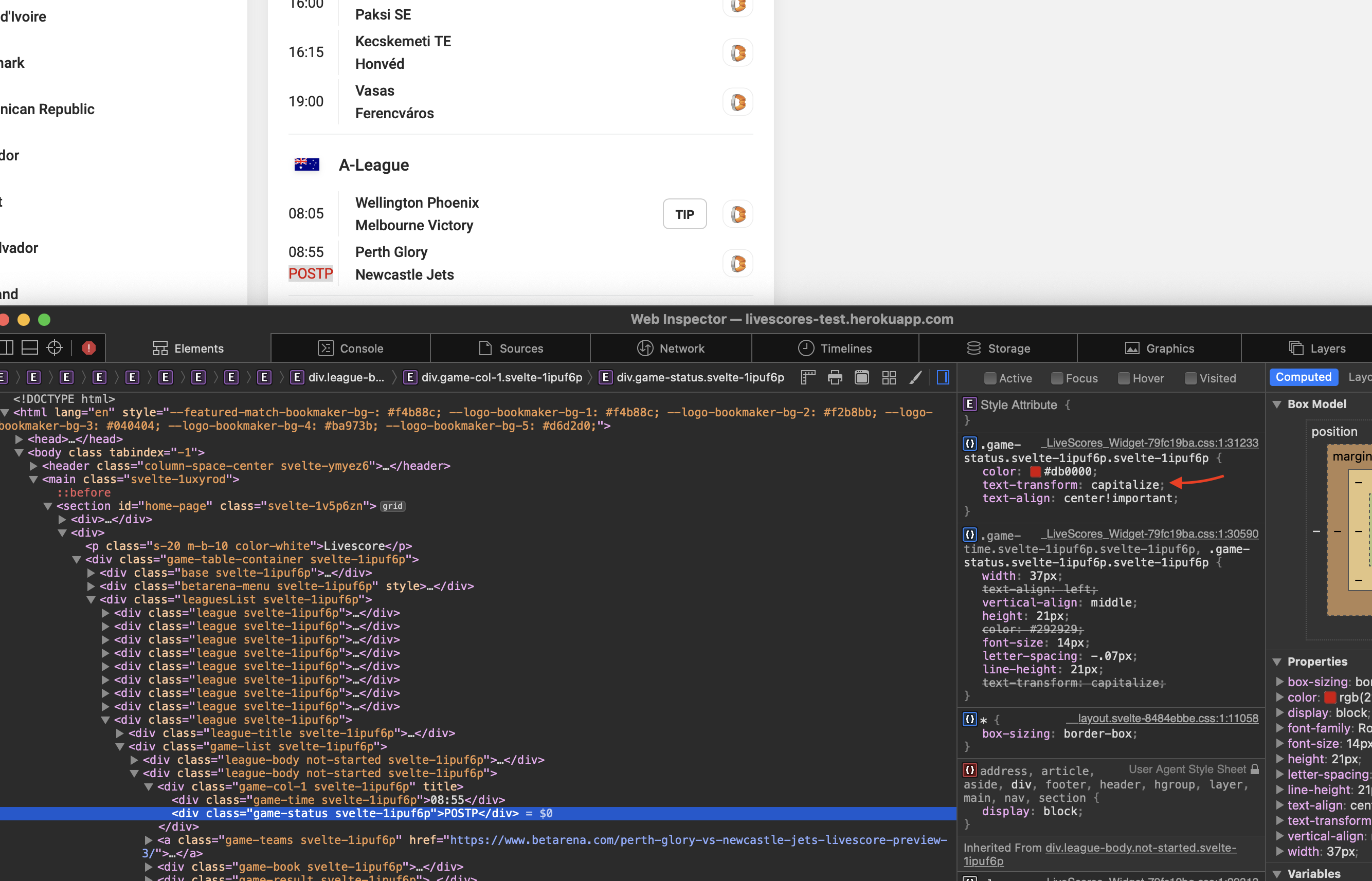 Live Score - No capitalize and center like the Figma design · Issue #201 · Betarena/scores · GitHub
