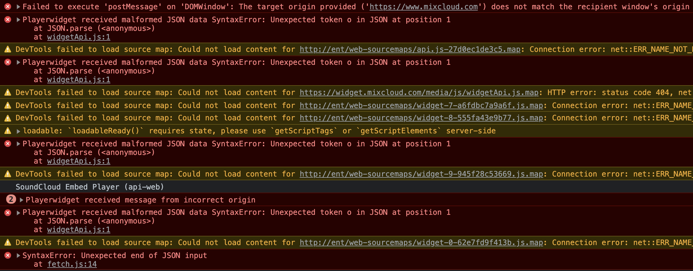 Mixcloud throws 'postMessage' on 'DOMWindow' error and invalid VidYard url doesn't fire onReady ...