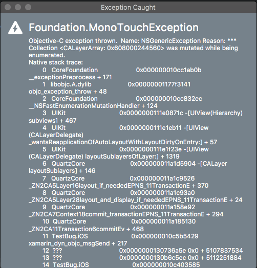 [iOS] Foundation.MonoTouchException Objective-C exception thrown. · Issue #2087 · xamarin ...