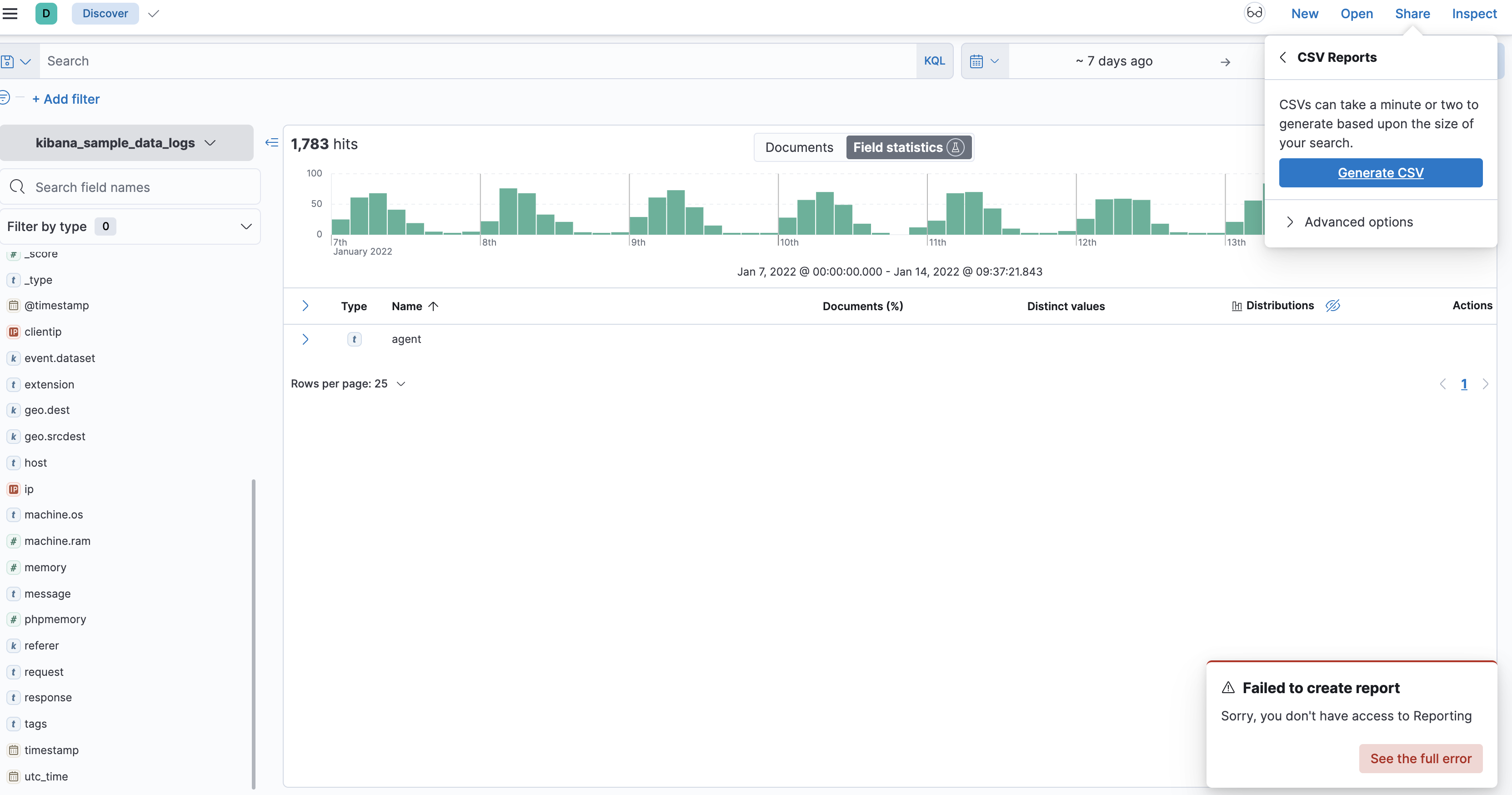 [discover] generate CSV button shown when user does not have reporting permissions · Issue ...